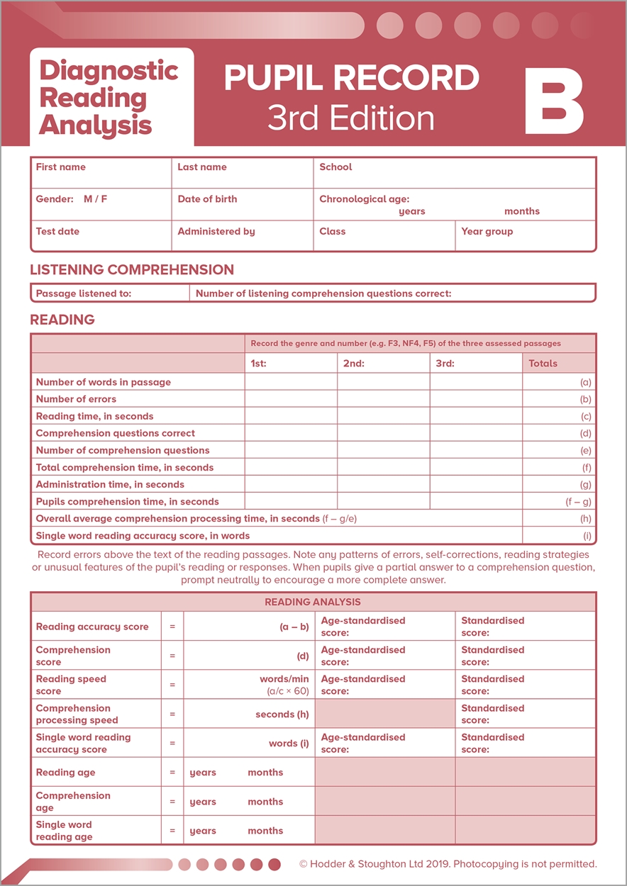 DRA Pupil Record Sheet A 3ED PK10 (Diagnostic Reading Analysis) by Mary ...