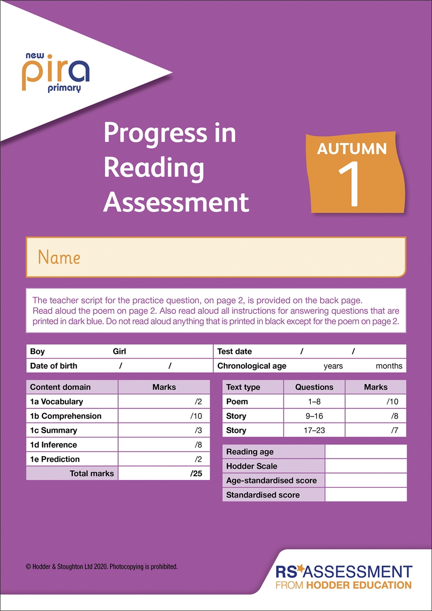 New PiRA Test 1, Autumn PK10 (Progress in Reading Assessment) by Colin ...