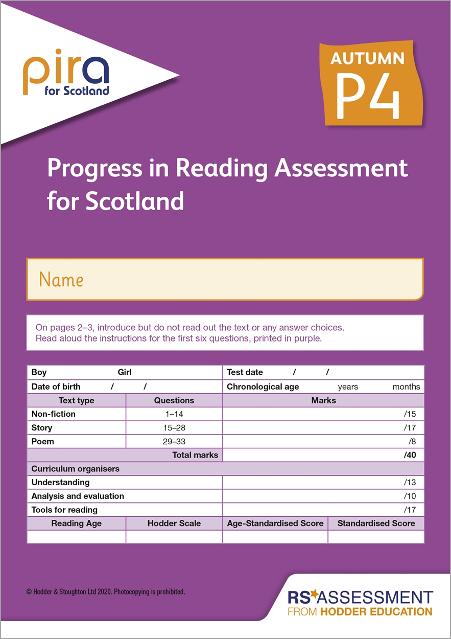 PiRA for Scotland P4, Autumn PK10 (Progress in Reading Assessment) by ...