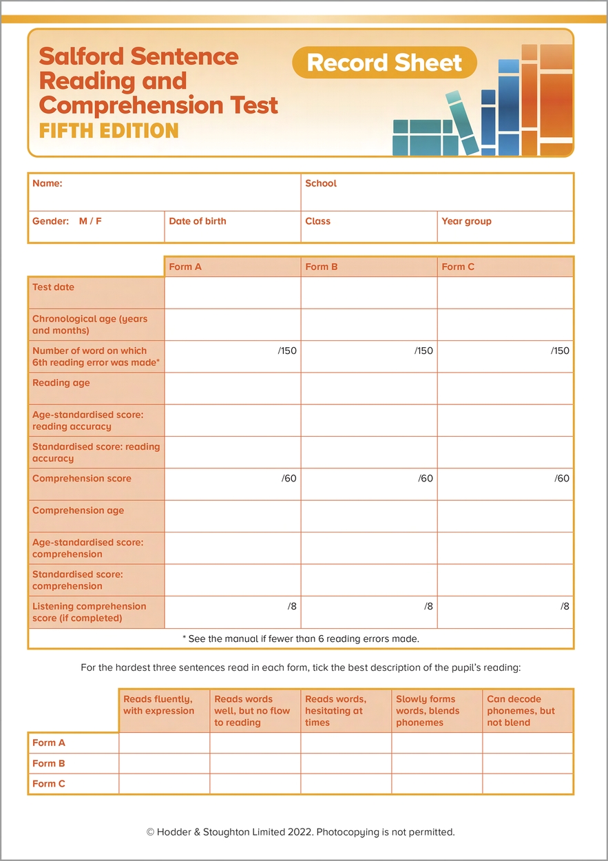 SSRCT Reading Cards A, B and C (Fifth Edition) (Salford Sentence ...